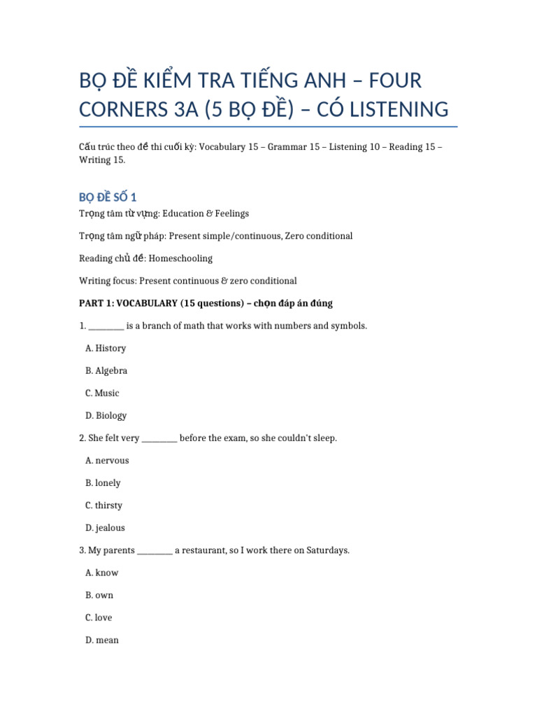 English Test Set - Four Corners 3A | PDF