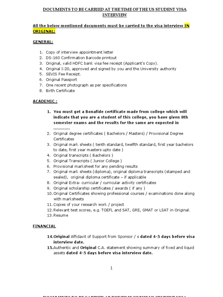 Documents To Be Carried at The Time of The Visa Interview | PDF ...