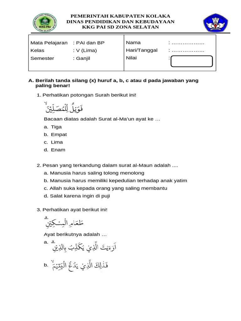 Soal PAI Kelas V Semester Ganjil | PDF