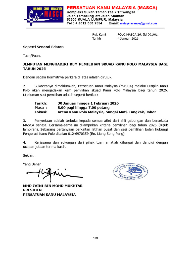 Contoh surat Jemputan Pemilihan Skuad Kanu Polo 2026 | PDF