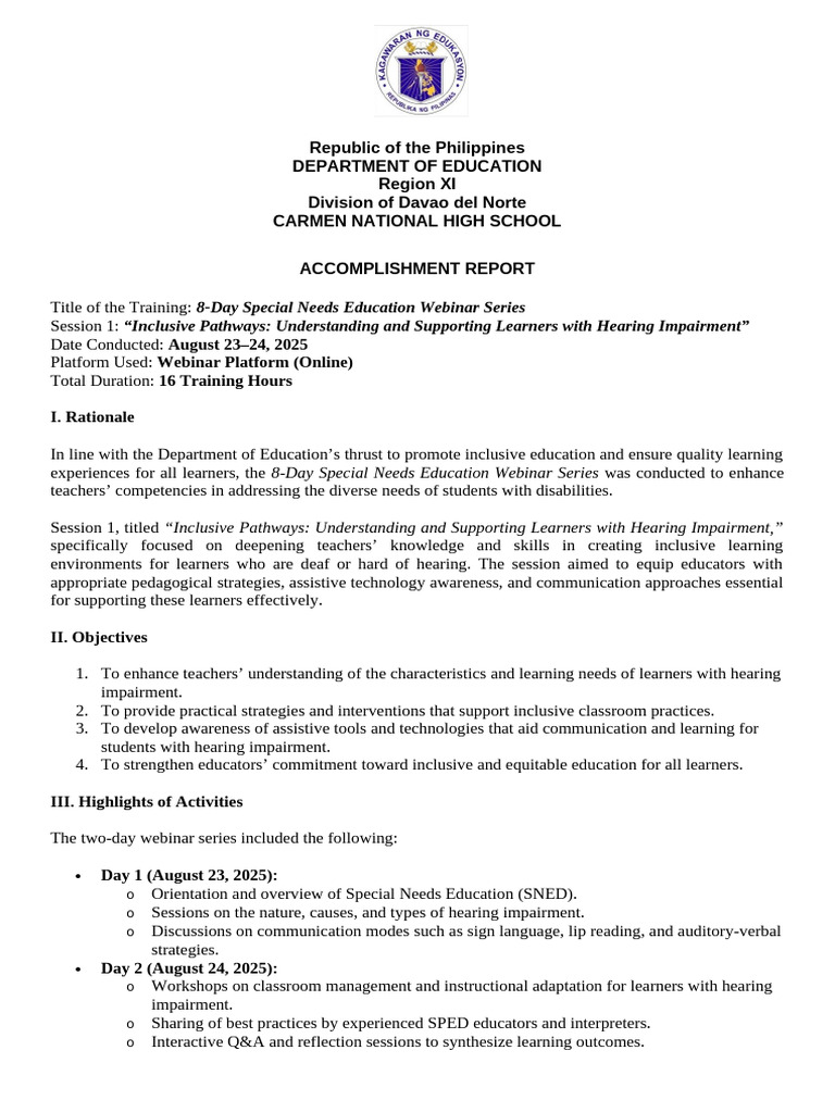 Accomplishment Sned Training | PDF | Inclusion (Education) | Learning