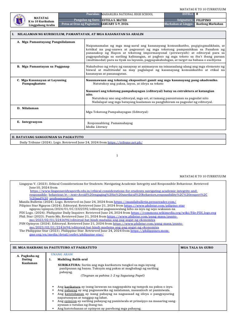 DLL Matatag - Filipino 8 q3 w7 | PDF
