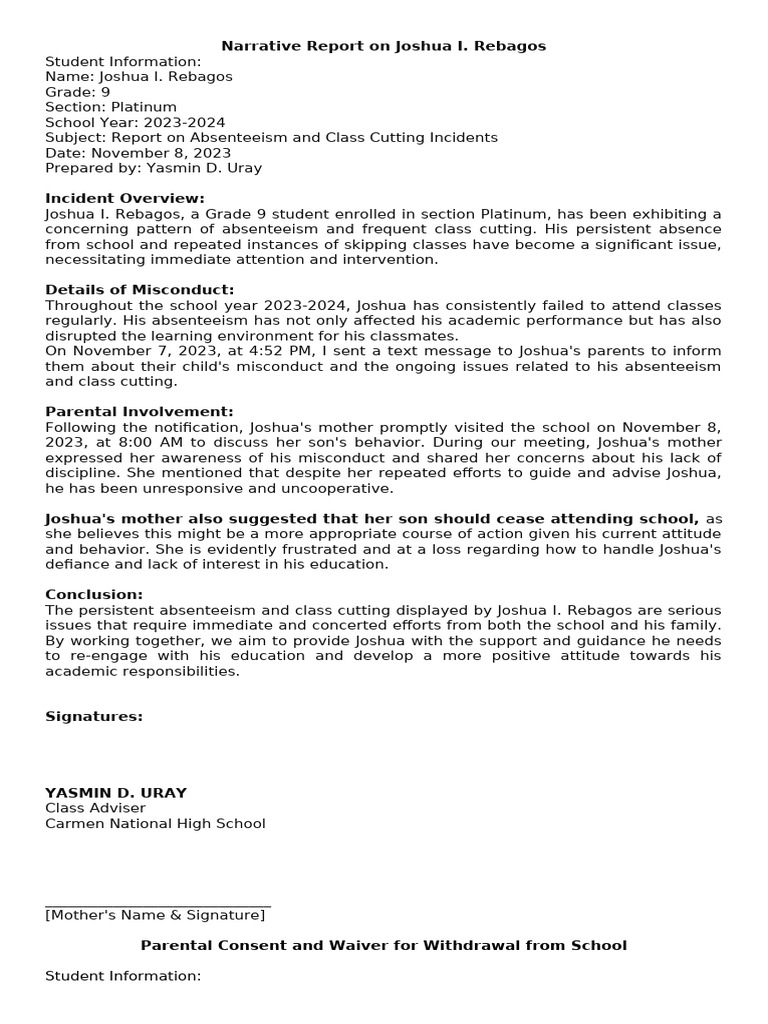 Joshua Rebagos Absenteeism Report | PDF | Behavioural Sciences | Psychology
