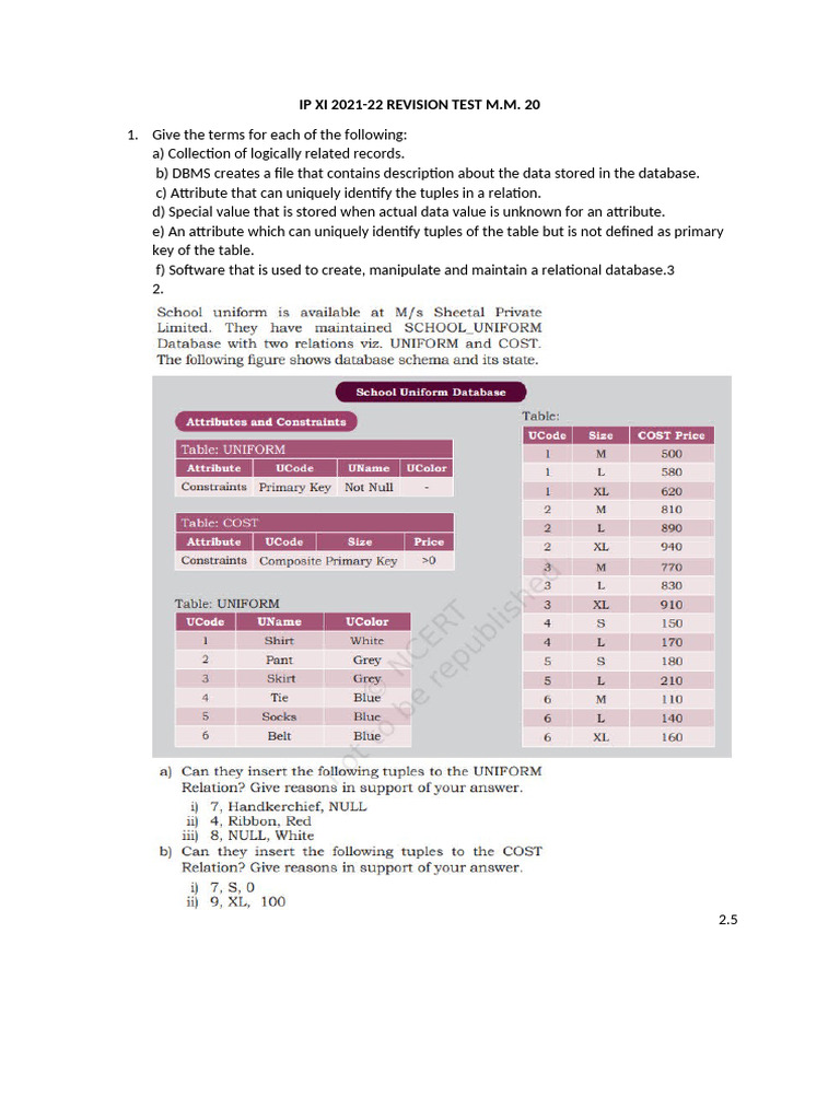 IP XI 2021-22 Revision Test Questions | PDF