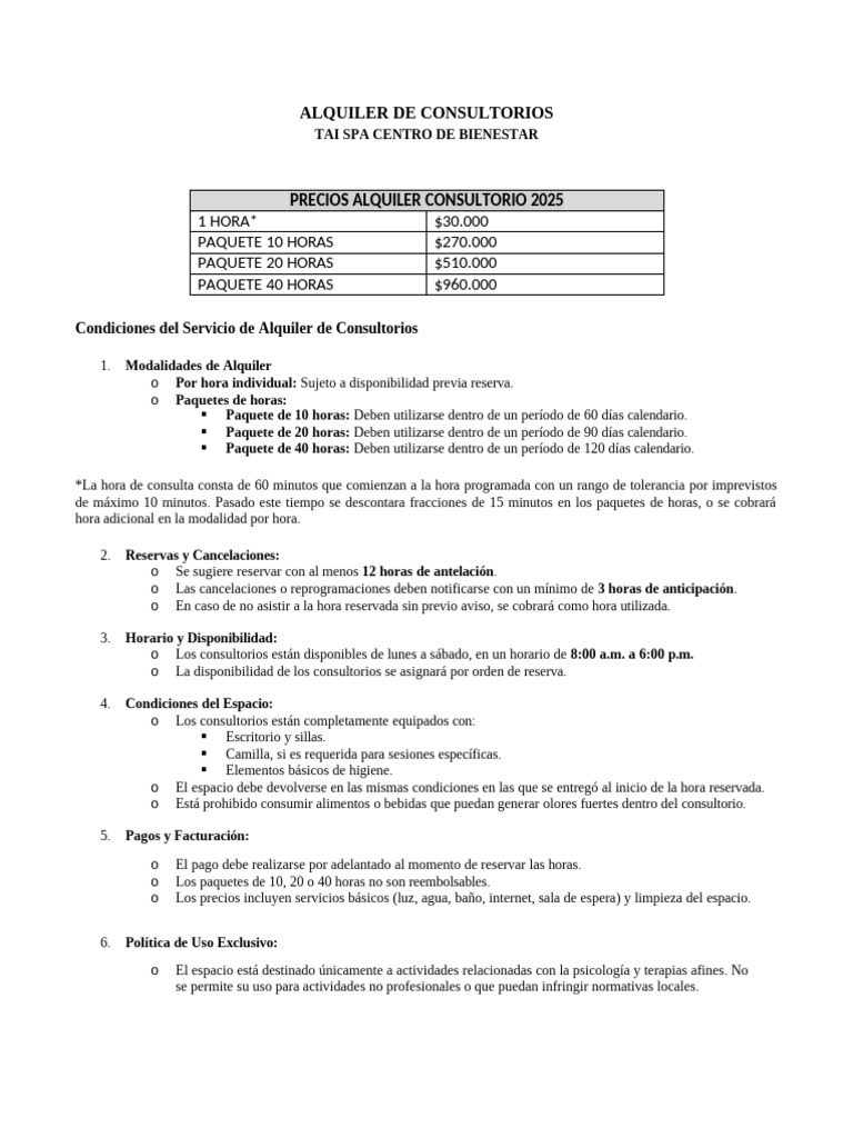 Condiciones del Servicio de Alquiler de Consultorios (1) | PDF