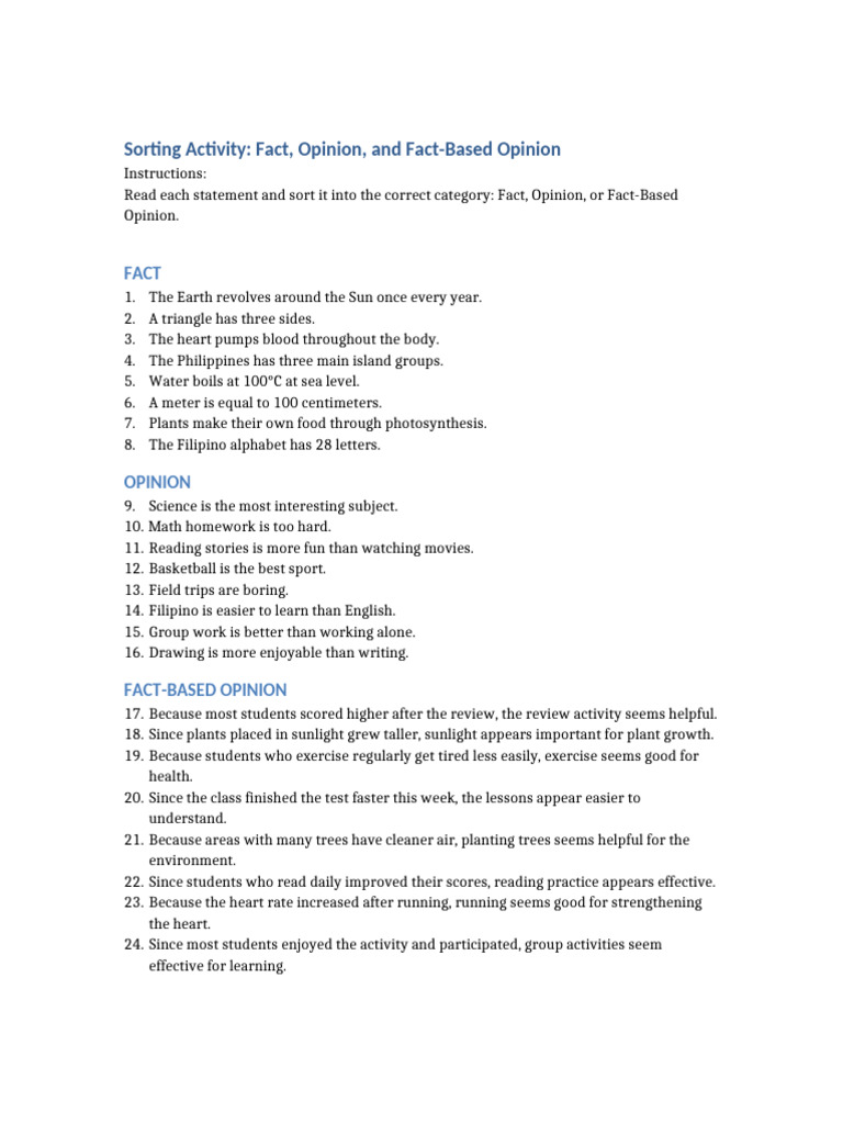 Fact Opinion Fact-Based Opinion Sorting Activity Grade5 | PDF