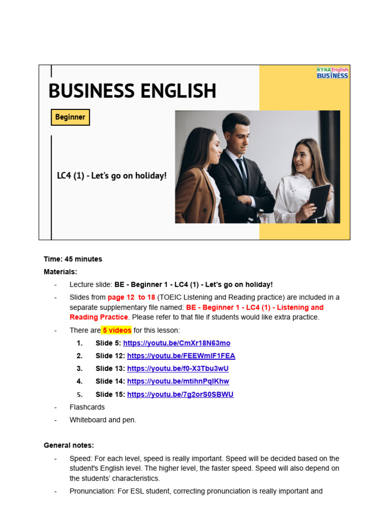 BE - Beginner 1 - LC4 (1) - Lesson Plan | PDF | Consonant