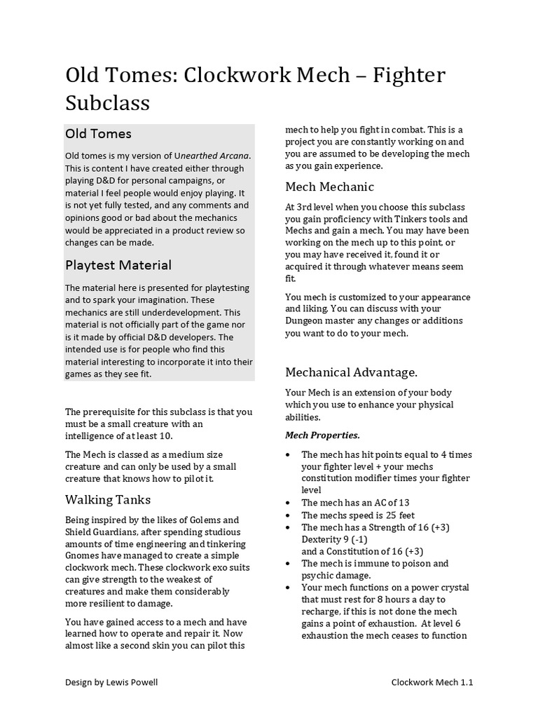 Clockwork Mech Fighter Subclass Guide | PDF | Dungeons & Dragons | Gary ...