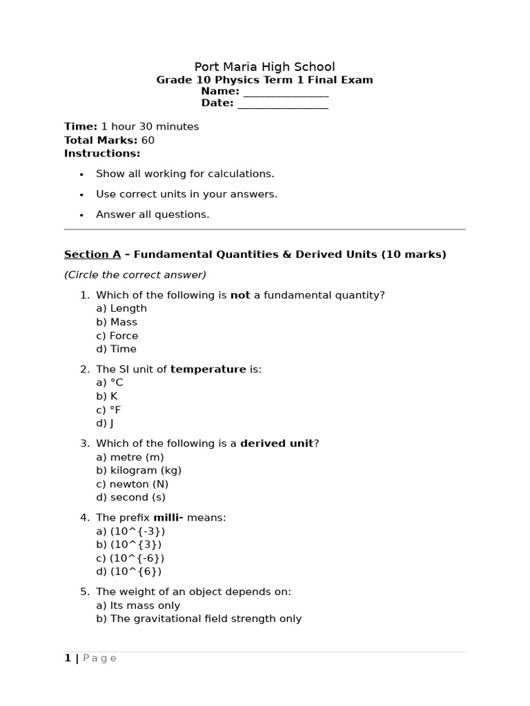 Grade 10 Physics Term 1 2025 Exam | PDF | Force | Weight