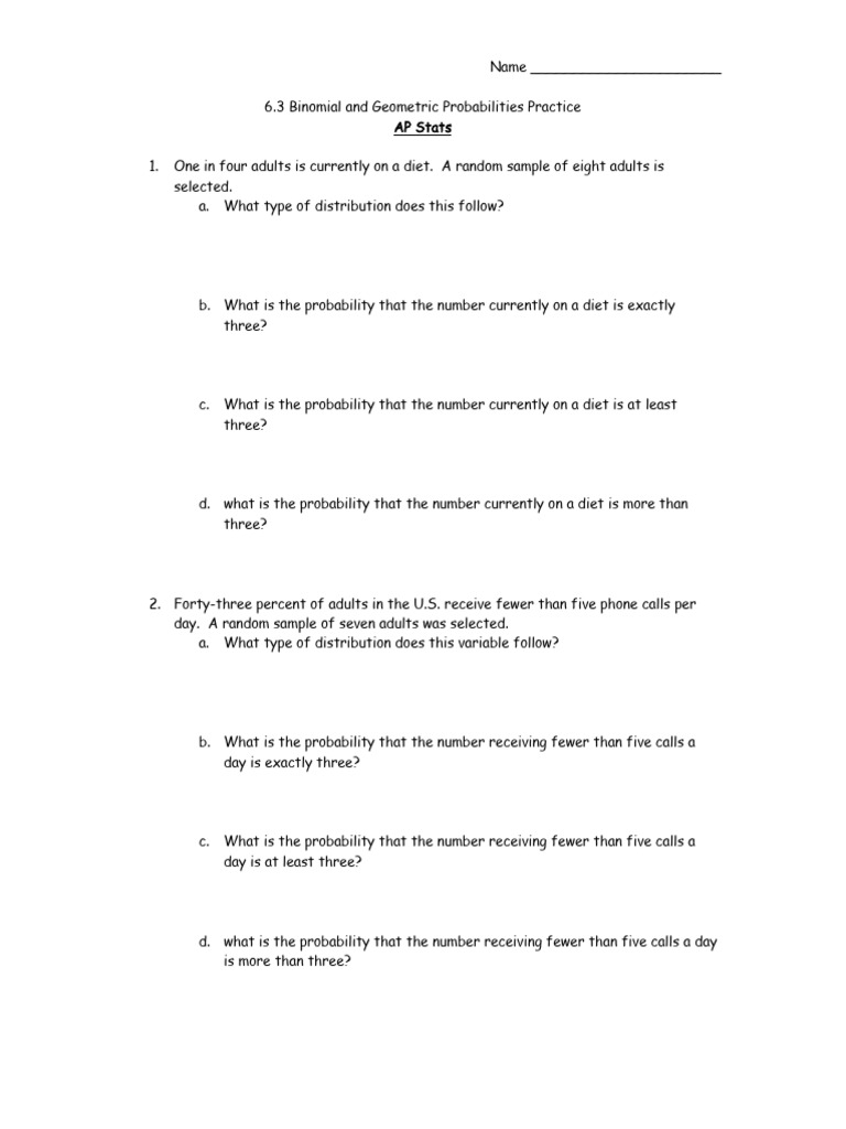 Binomial and Geometric Probabilities Practice | PDF | Probability ...