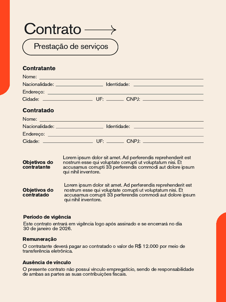 Documento A4 contrato prestação de serviços simples laranja e bege ...