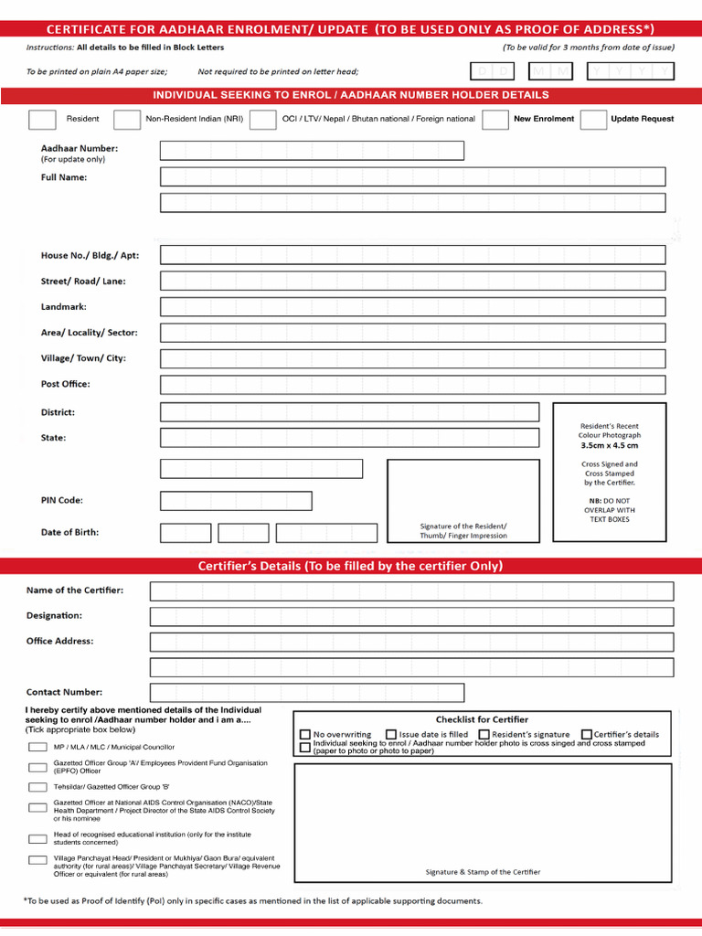 Aadhaar Update Form | PDF | Government Of India