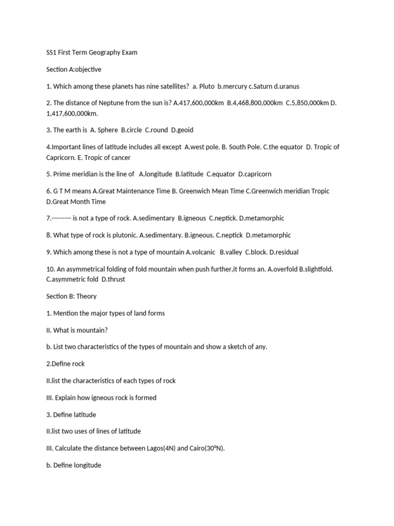 SS1 First Term Geography Exam | PDF
