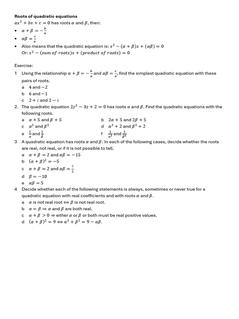 Further Math - Chapter 01 - Roots of Polynomial Equations | PDF | Zero Of A Function | Quadratic ...