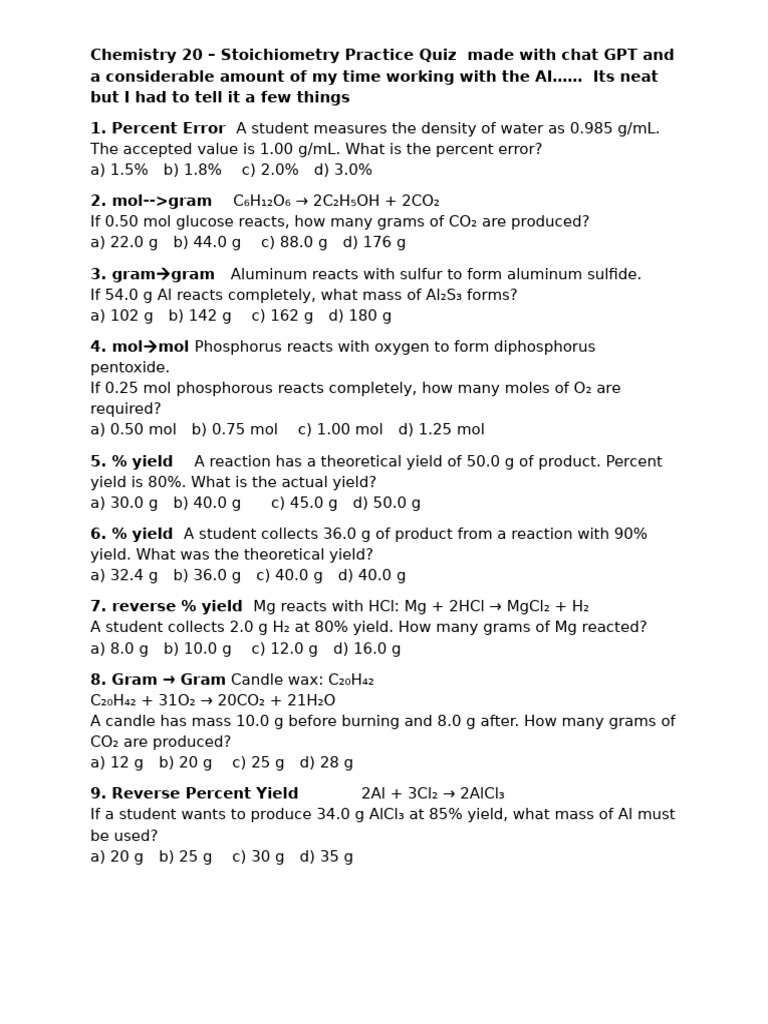 practice quiz stoich and % yield | PDF | Stoichiometry | Mole (Unit)
