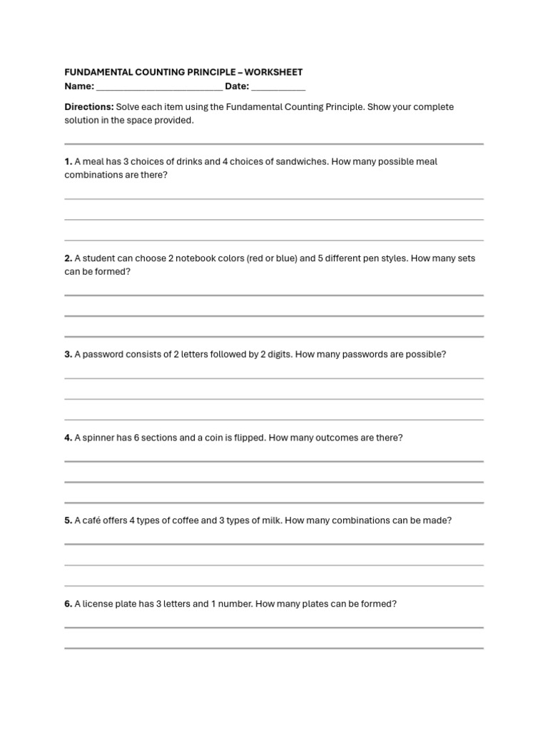 Fundamental Counting Principle Worksheet | PDF | Foods | Cuisine