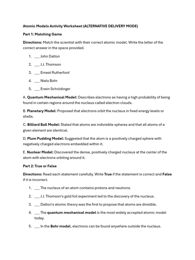 Atomic Models Activity Worksheet | PDF