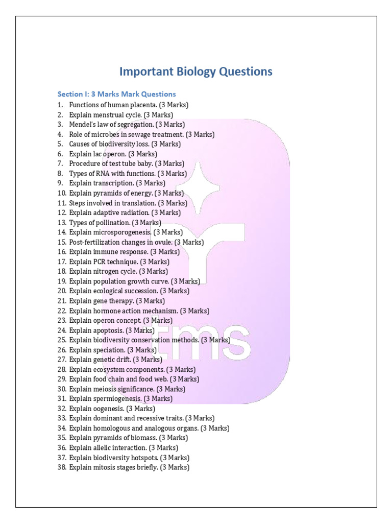 Key Biology Exam Questions Guide | PDF | Biology | Gene