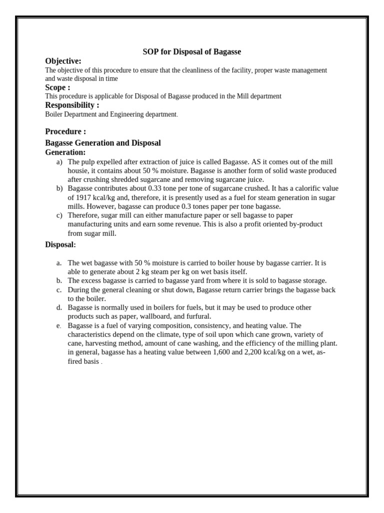 02.SOP for Disposal of Bagasse | PDF