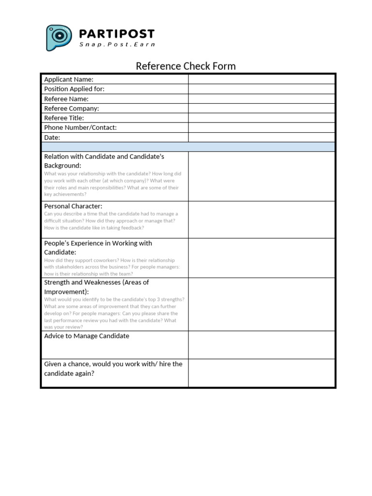 Reference Check Form Template | PDF
