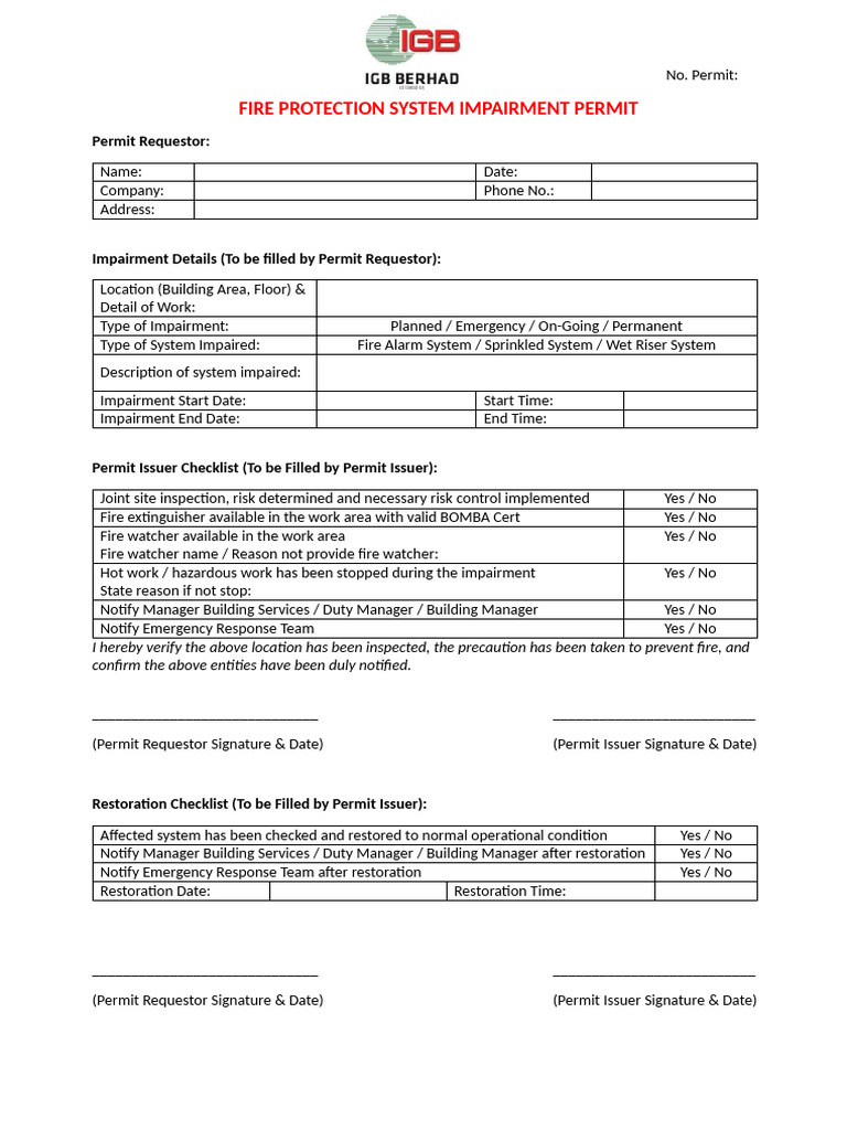 Fire Protection System Impairment Permit | PDF | Safety