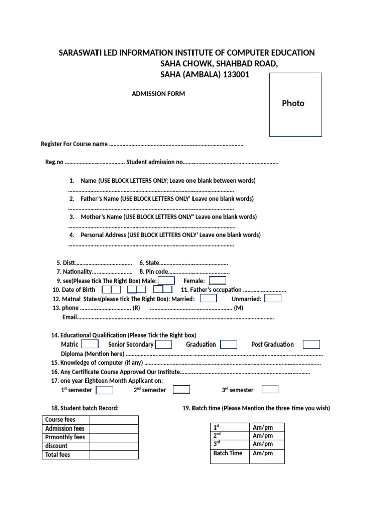 Admission Form for Computer Courses | PDF