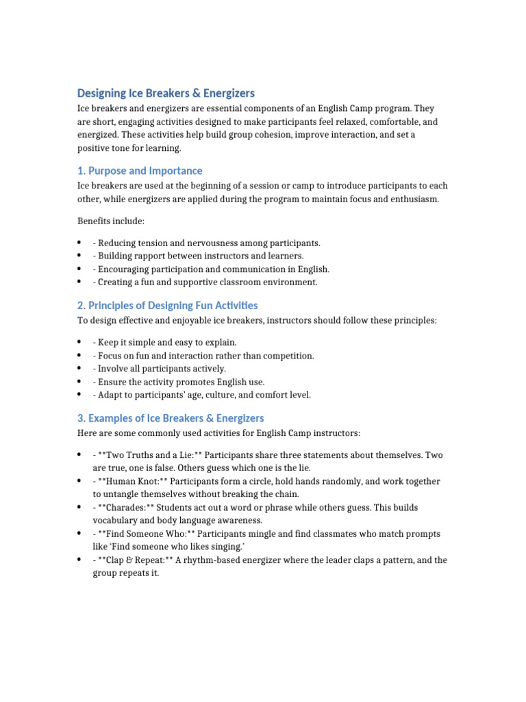 Effective Ice Breakers for English Camps | PDF | English Language ...