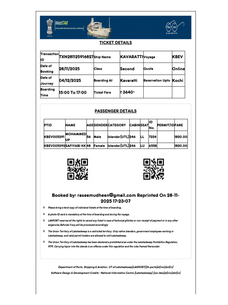 Lakshadweep Ticket Booking Details | PDF