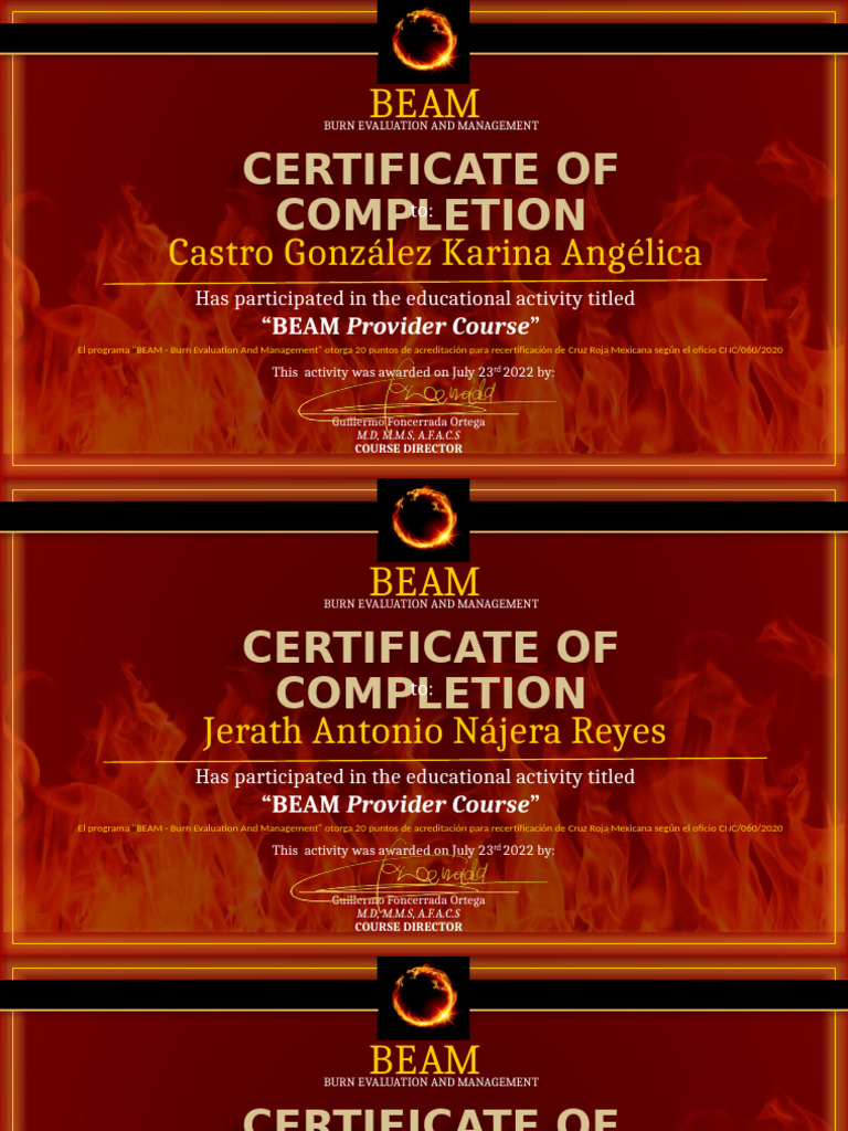 BEAM Burn Management Course Certificate | PDF