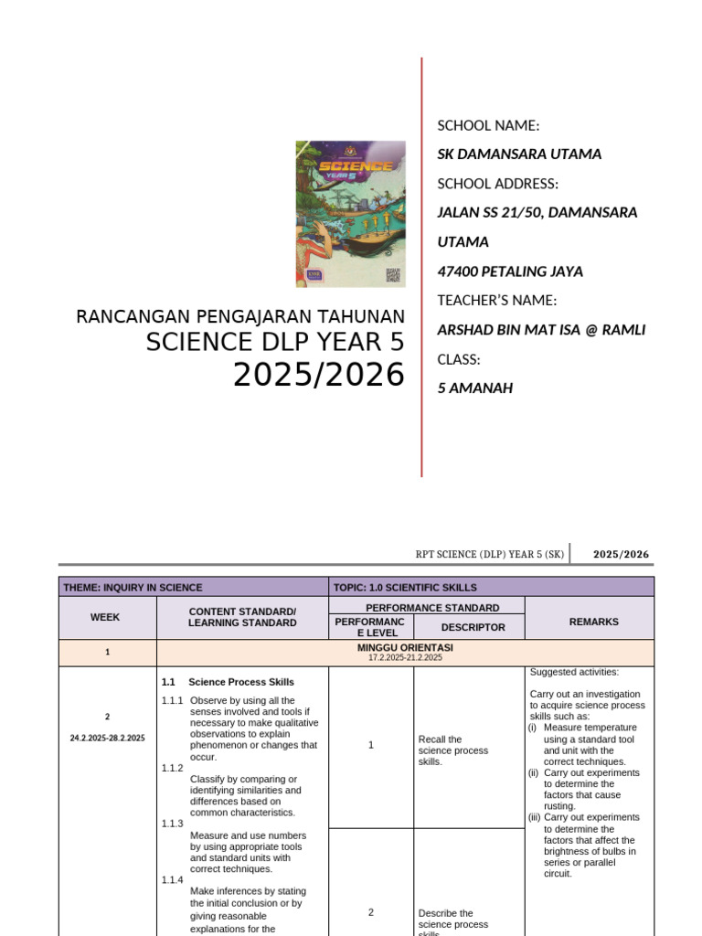 RPT Science Y5 DLP 2025 | PDF | Experiment | Science