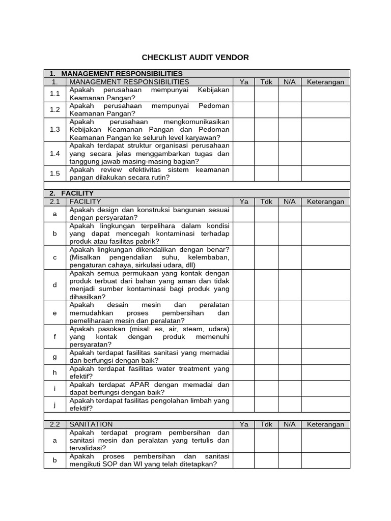 Checklist Audit Vendor | PDF