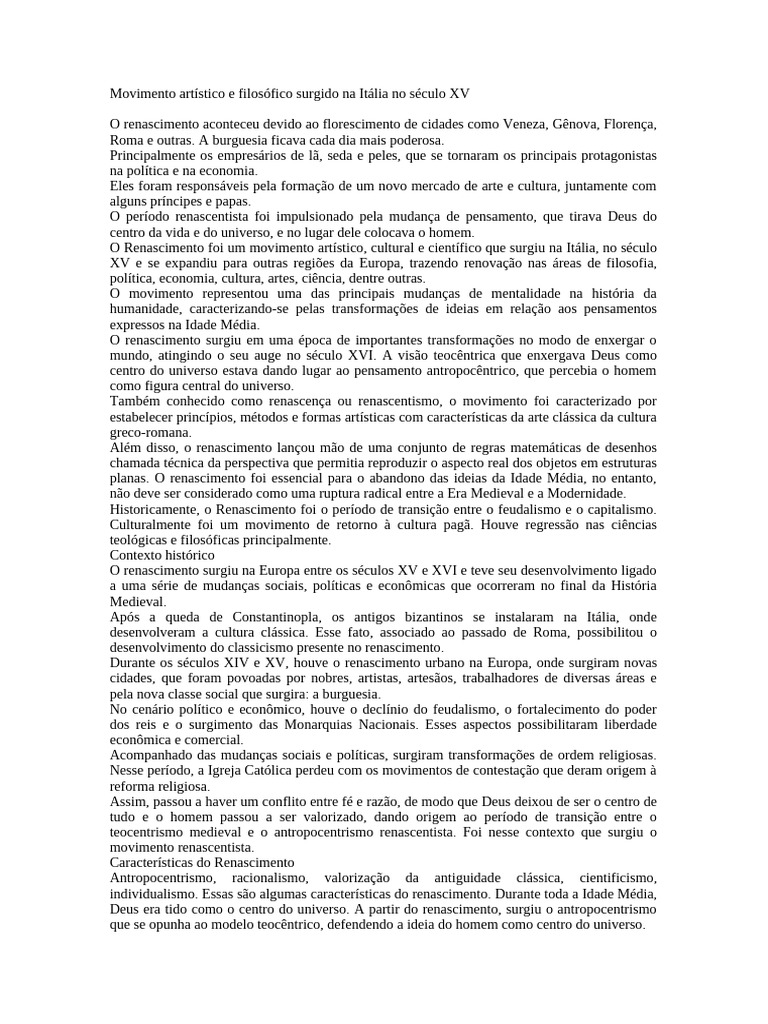 Movimento Artístico e Filosófico Surgido Na Itália No Século XV | PDF ...
