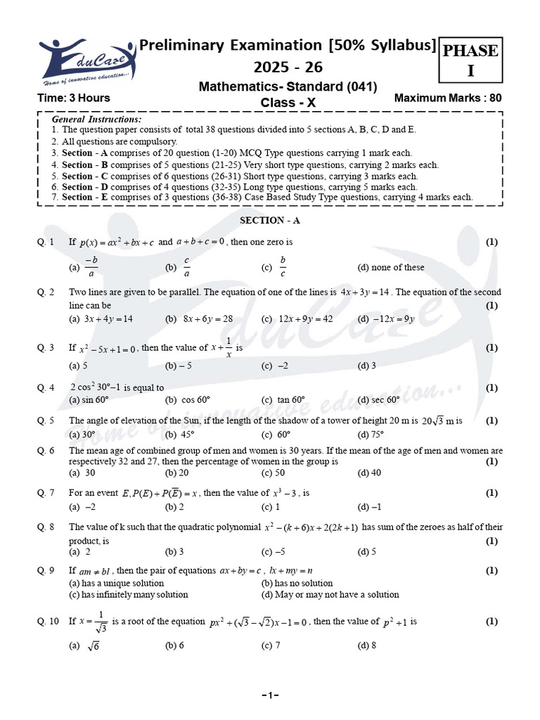 10th Maths (Cc Test) p 1 | PDF | Polynomial | Mathematics