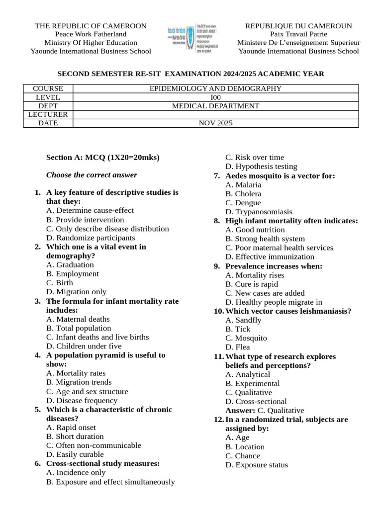 Epidemiology & Demography Exam 2024/2025 | PDF | Epidemiology | Cohort ...