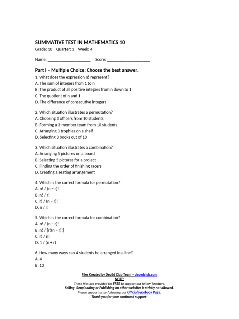 Math 10 Summative Test on Permutations | PDF | Summation | Mathematics