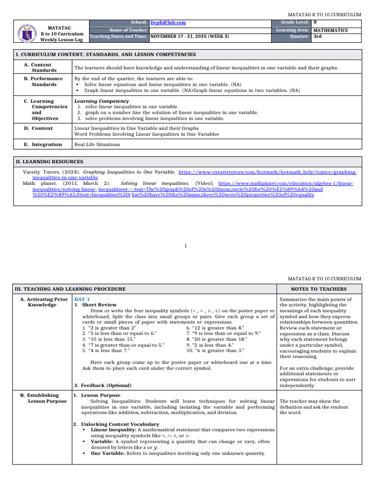 K-10 Math: Linear Inequalities Lesson Plan | PDF | Inequality ...