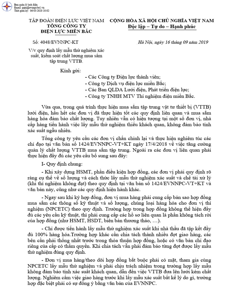4048 EVN NPC Quy Dinh Lay Mau Thi Nghiem VTTB 16-09-2020 | PDF