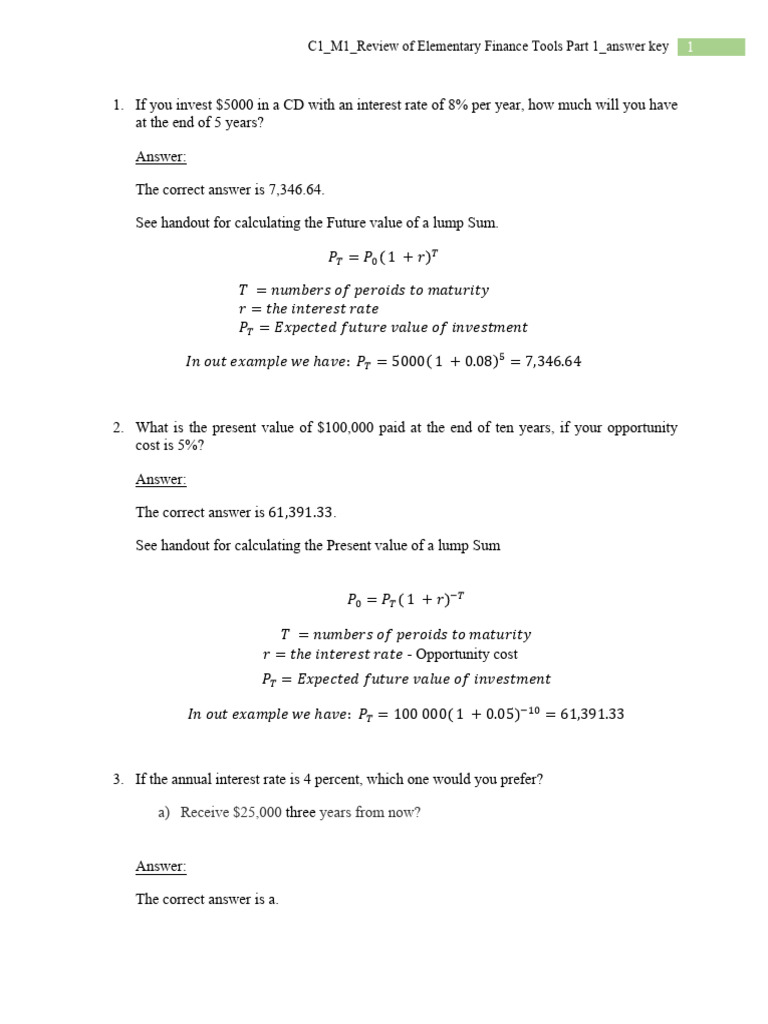 C1_M1_Review of Elementary Finance Tools Part 1+Answer Key | PDF ...
