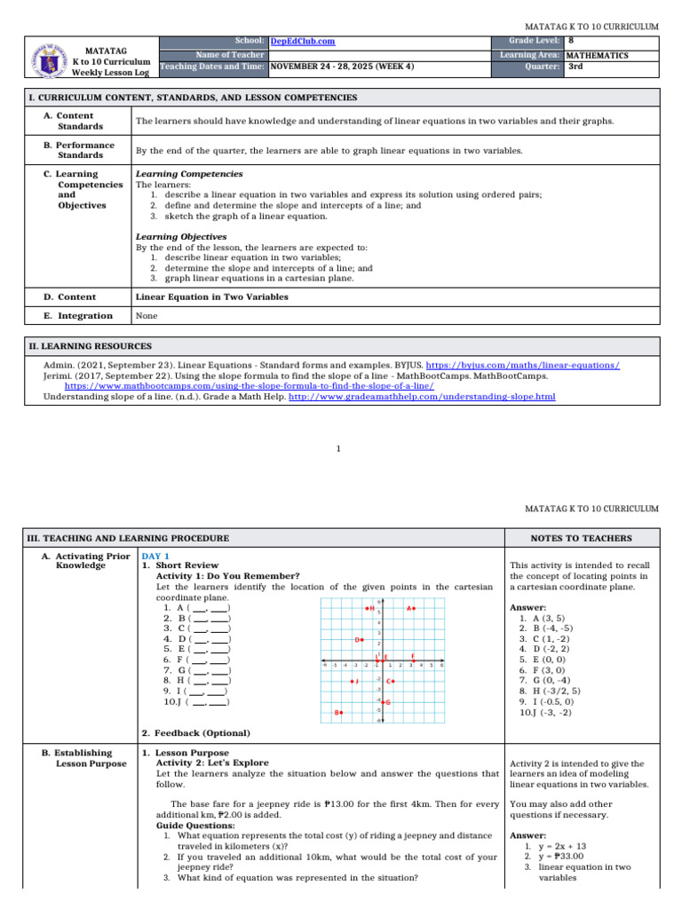 Grade 8 Linear Equations Lesson Plan | PDF | Cartesian Coordinate ...