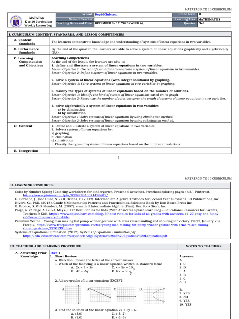 Grade 8 Math: Linear Equations Guide | PDF | Equations | System Of ...