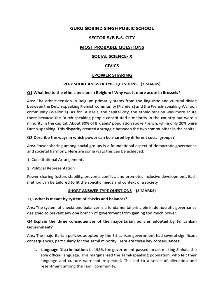 MOST PROBABLE QUESTIONS CLASS X CIVICS-1 | PDF | Political Parties ...