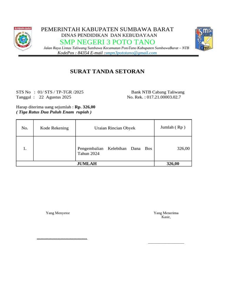 Contoh Surat Tanda Setoran | PDF
