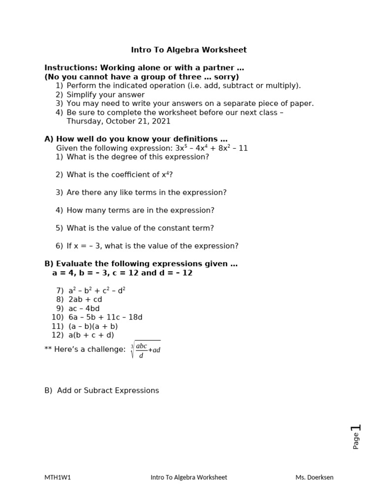Intro to Algebra Worksheet Guide | PDF | Polynomial | Elementary ...