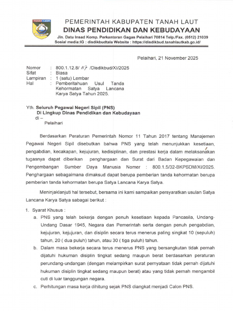 Pemberitahuan Usulan Setya Lencana | PDF