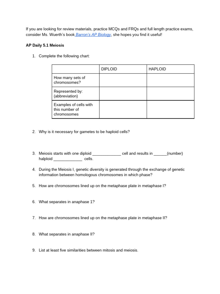 AP Daily 5.1 Meiosis | PDF