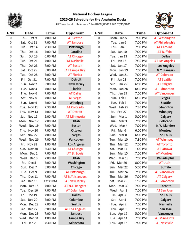 2025-26 NHL Regular Season Schedule (By Club) | PDF | National Hockey ...