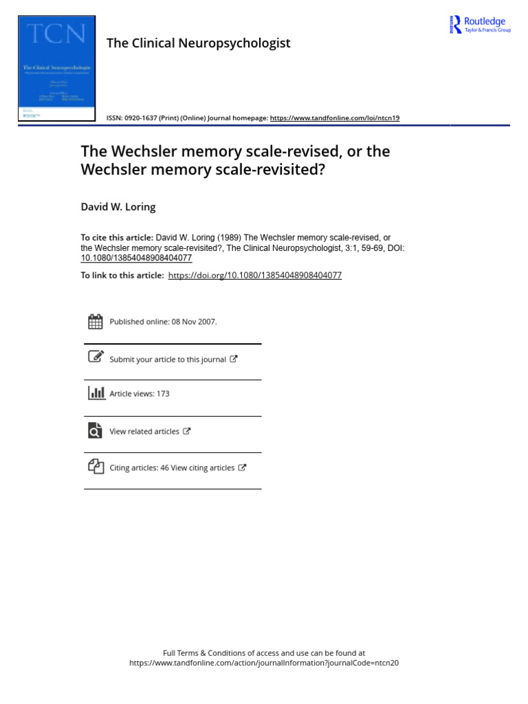 Wechsler Memory Scale Revisited | PDF | Wechsler Adult Intelligence ...