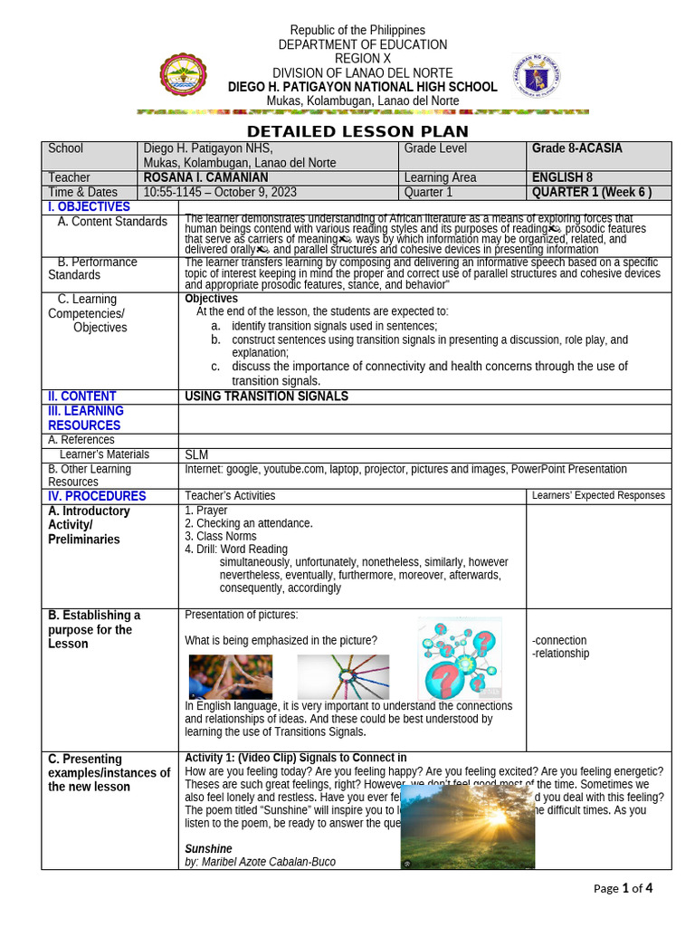 Grade 8 English Lesson on Transition Signals | PDF | Sentence (Linguistics)