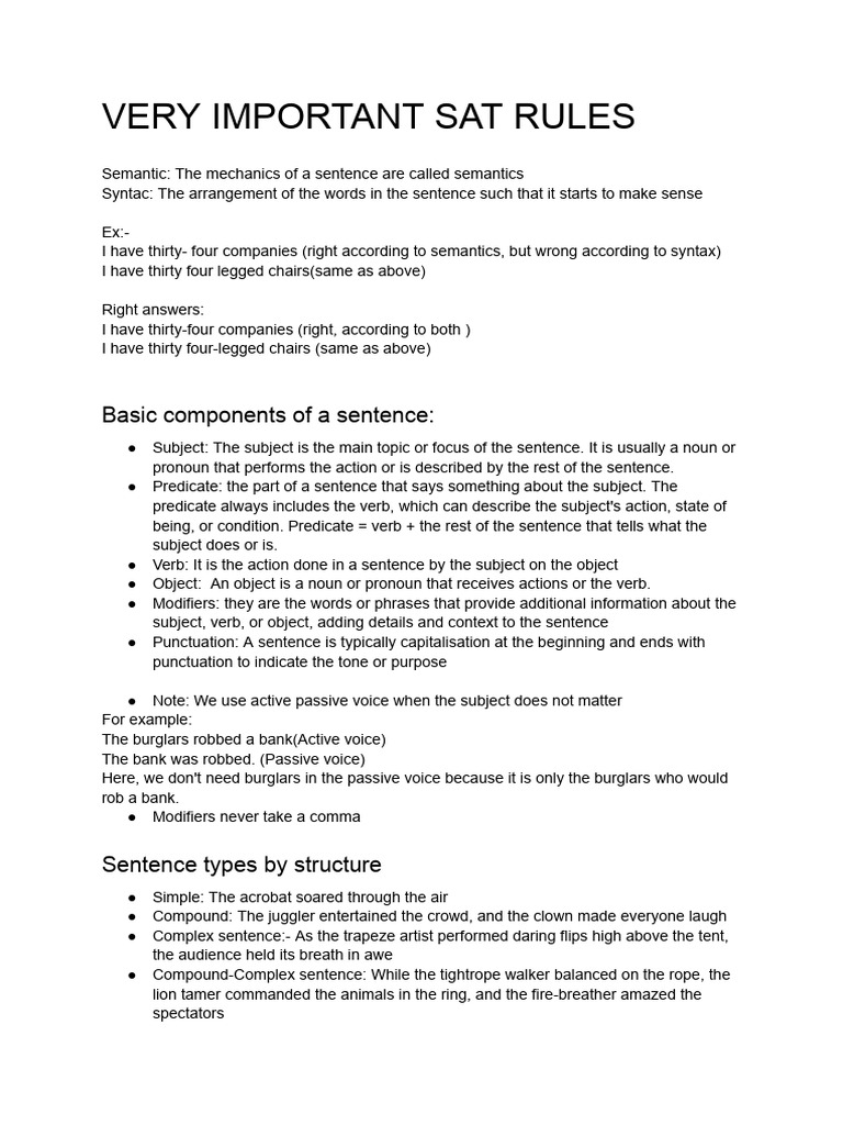 Essential SAT Sentence Structure Rules | PDF | Subject (Grammar) | Verb