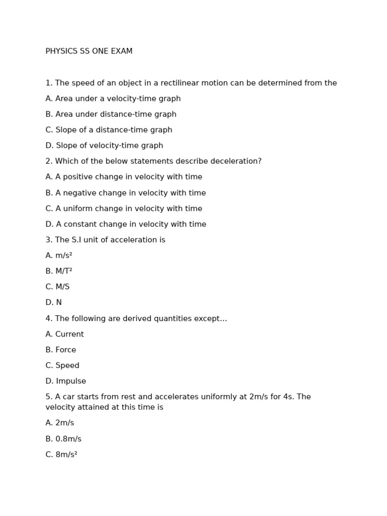 Physics Exam Questions and Answers | PDF | Acceleration | Velocity